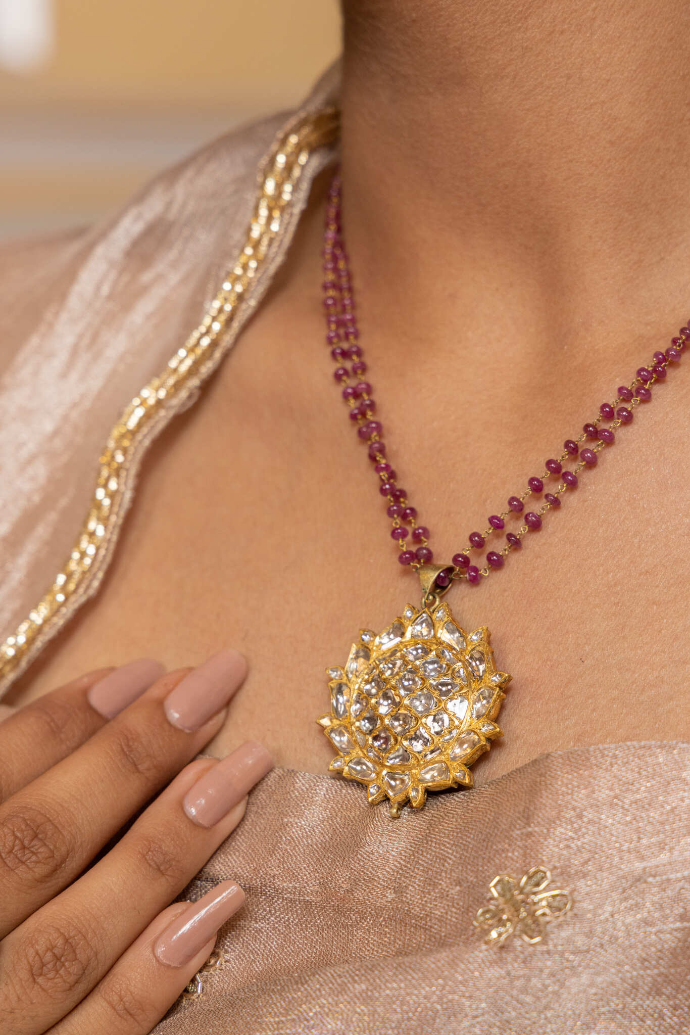 Gul Reversible Pendant|18k Jadau Polki Pendant|18k Gold Pendant
